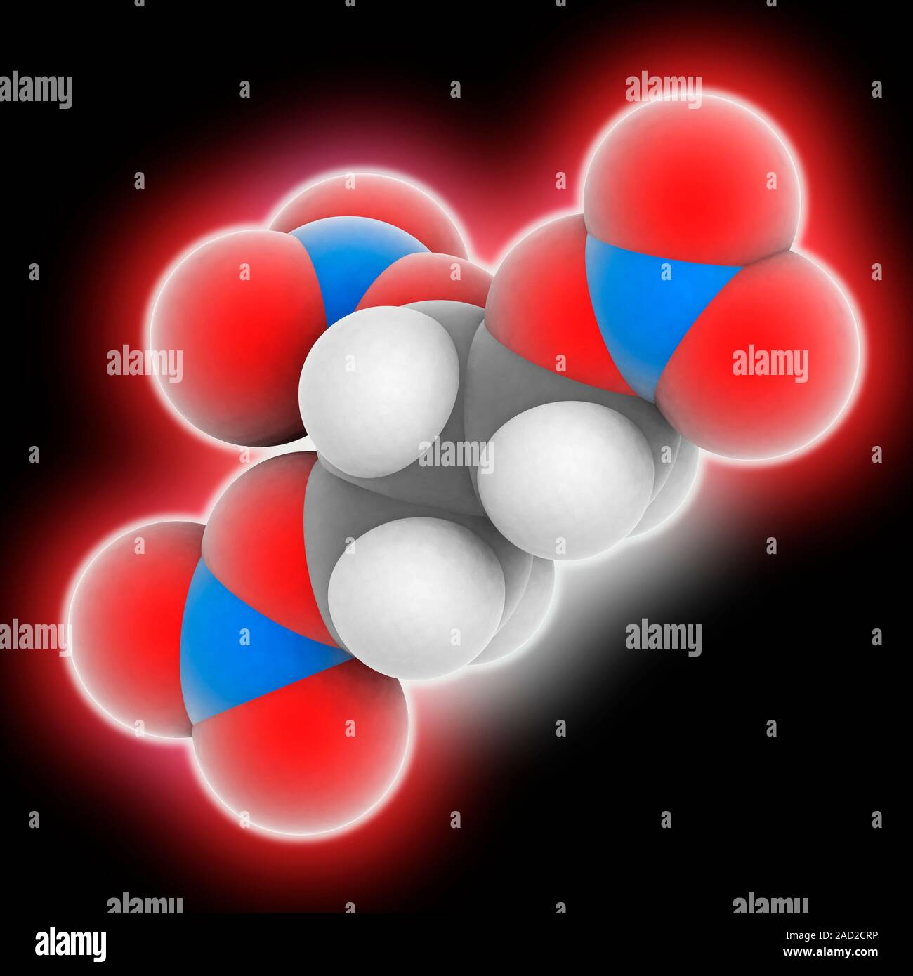 Nitroglycerin. Molecular model of the chemical nitroglycerin (C3.H5.N3 ...