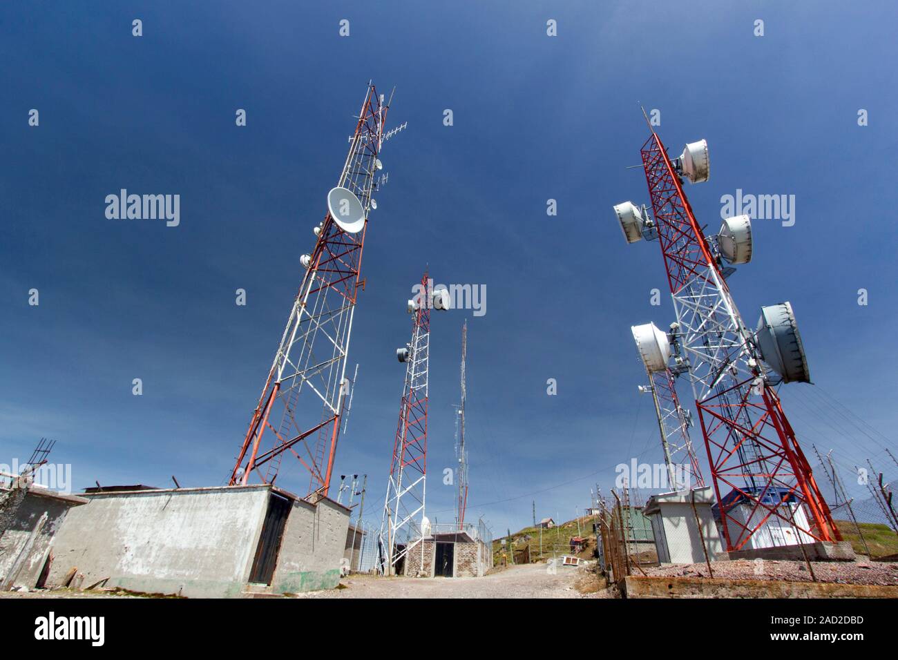 Communications towers. View of telecommunications antennae located on ...