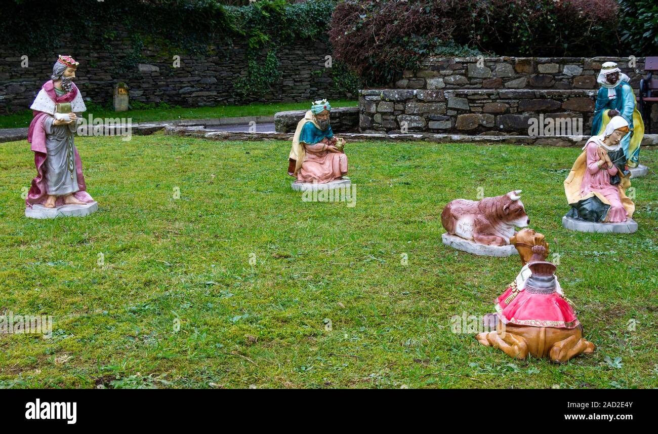 Nativity scene statues on a village green Stock Photo - Alamy
