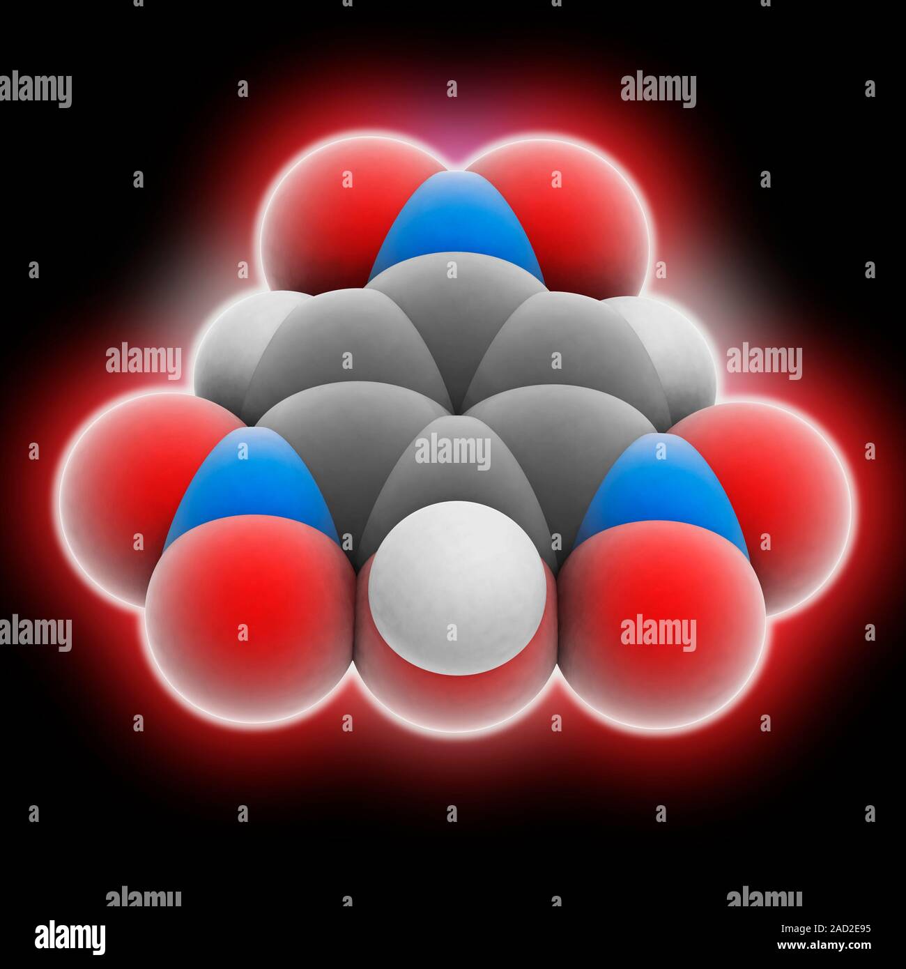 Picric acid. Molecular model of the phenol picric acid (C6.H3.N3.O7 ...