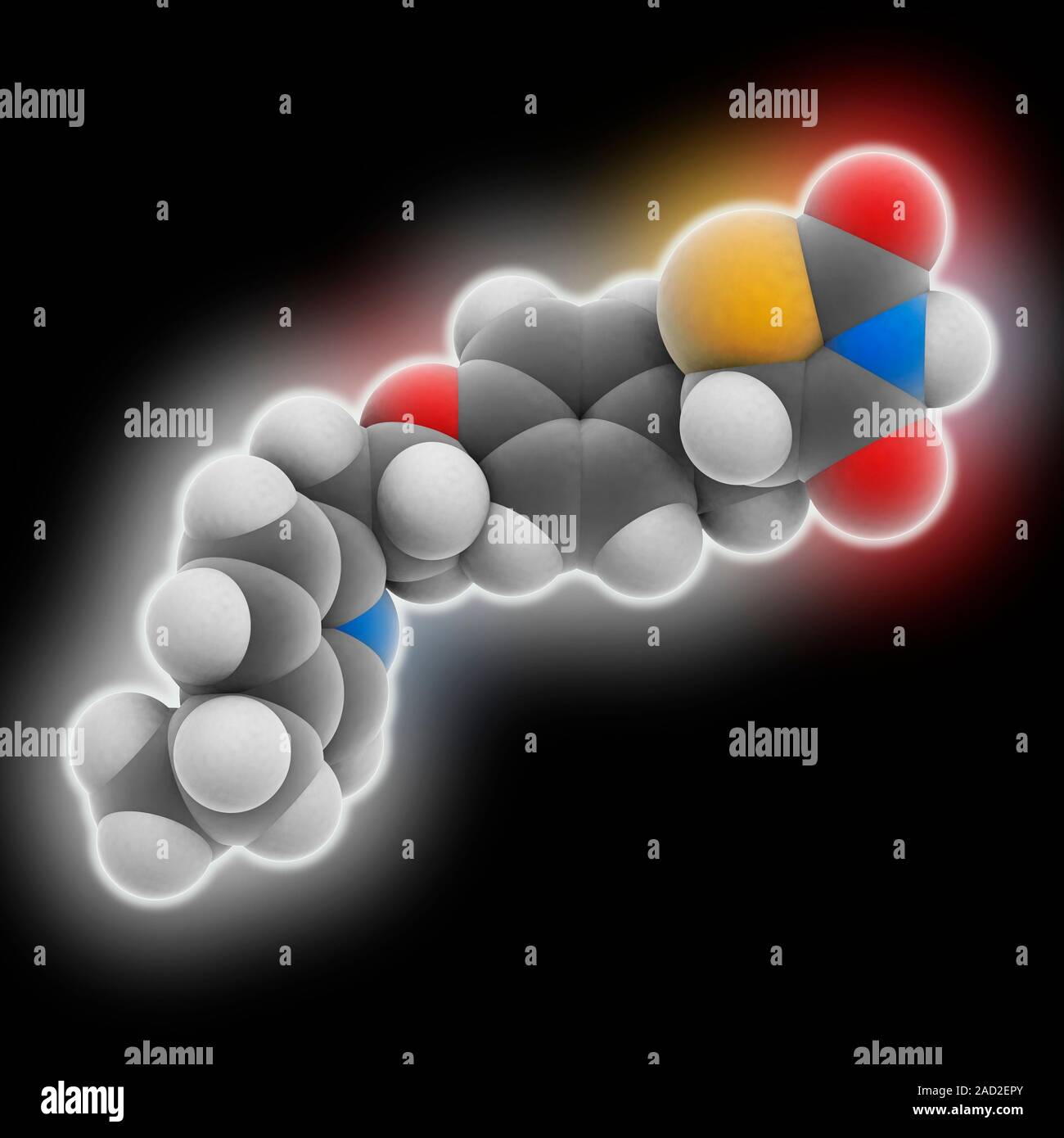 Pioglitazone. Molecular model of the drug pioglitazone (C19.H20.N2.O3.S ...