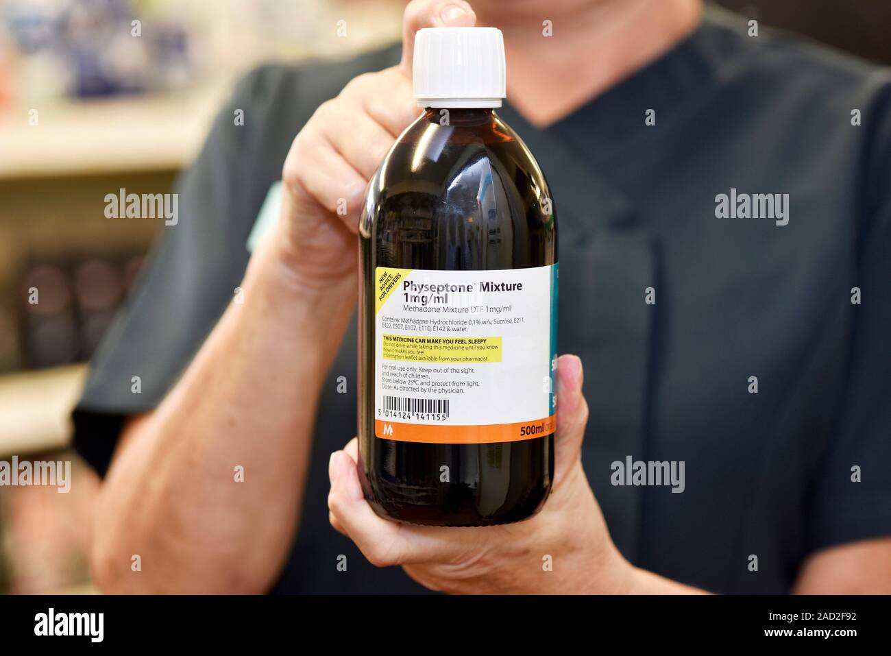 Methadone drug bottle. Methadone is a synthetic opioid drug used to ...