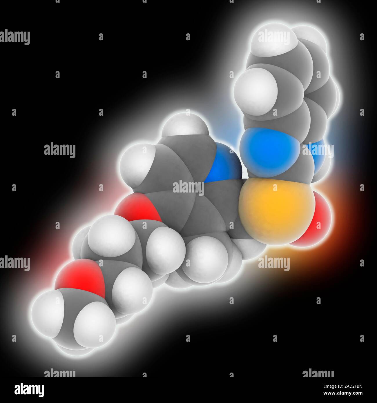 Rabeprazole. Molecular model of the drug rabeprazole (C18.H21.N3.O3.S ...