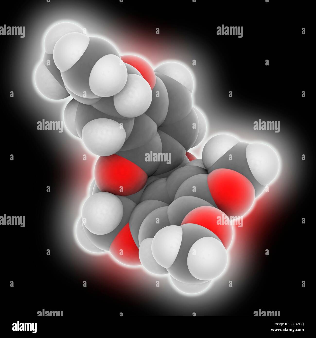 Rotenone. Molecular model of the chemical rotenone (C23.H22.O6), used ...