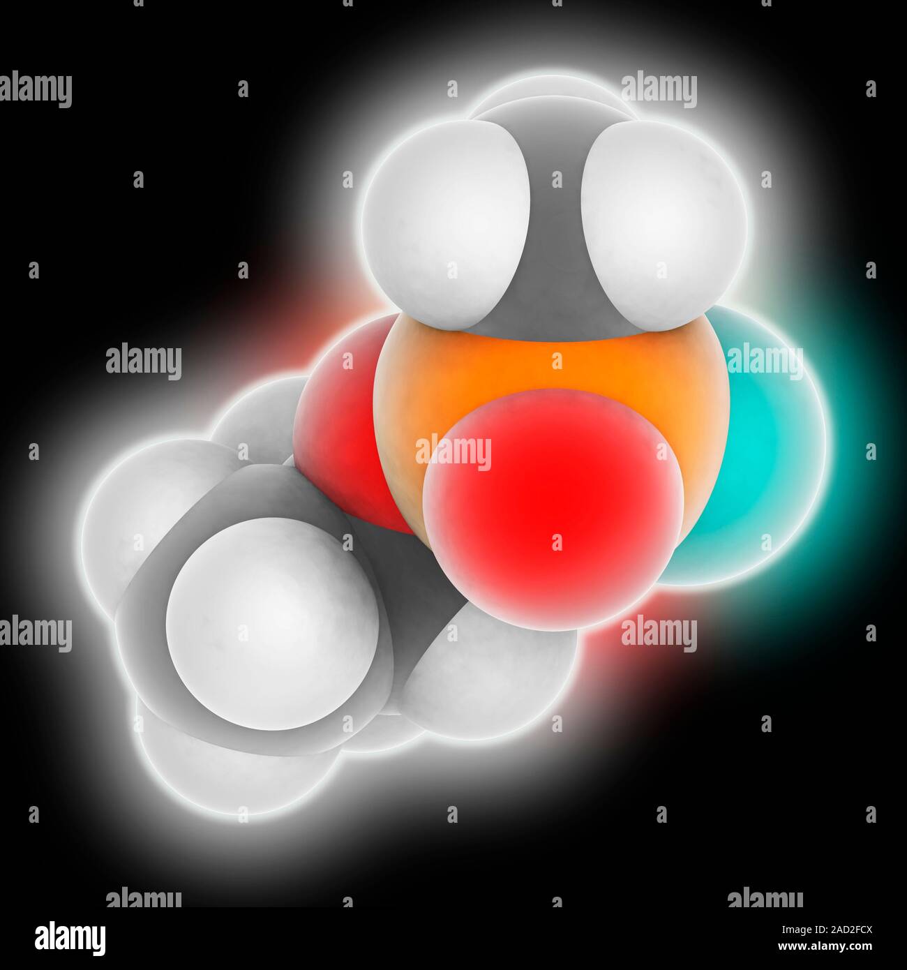 Sarin. Molecular model of the organophosphorus compound sarin (C4.H10.F ...