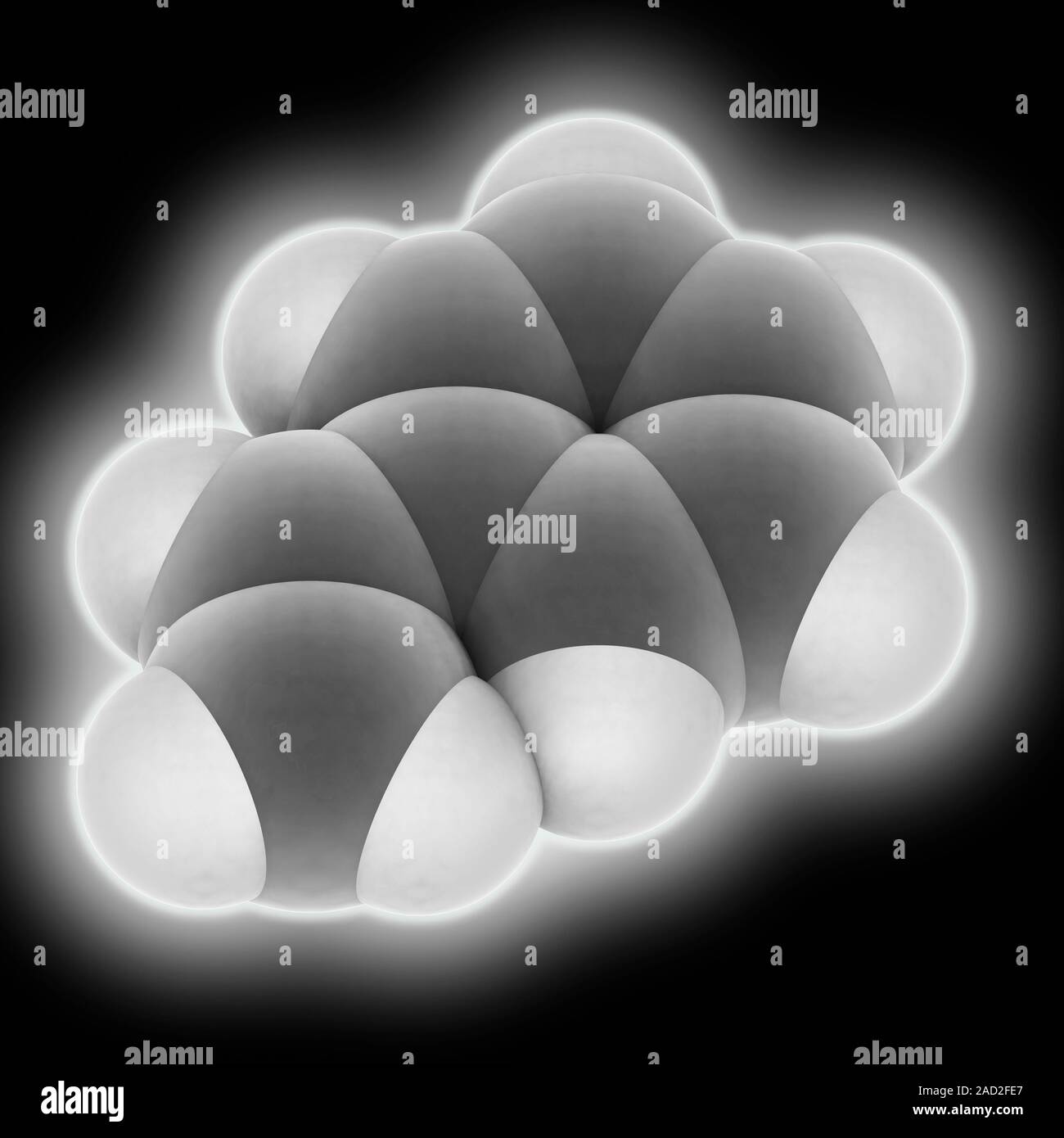 Styrene. Molecular model of the aromatic alkene styrene (C8.H8), a ...