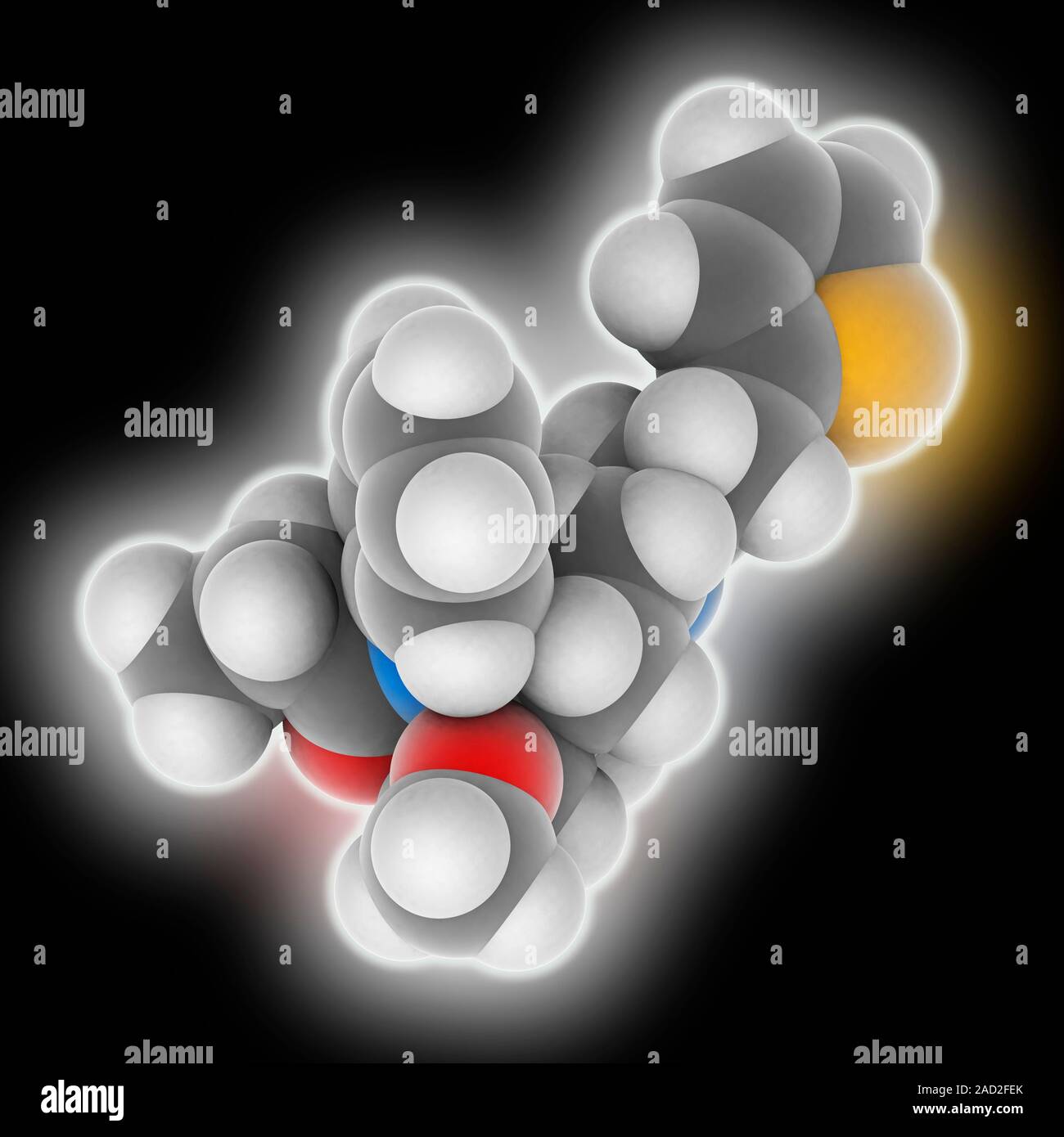 Sufentanil. Molecular model of the drug sufentanil (C22.H30.N2.O2.S), a ...
