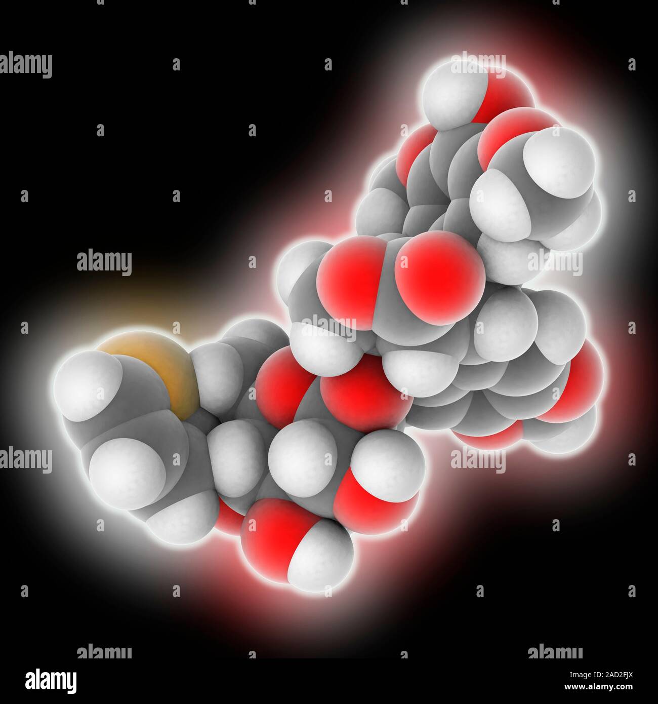 Teniposide. Molecular model of the chemotherapy drug teniposide (C32 ...