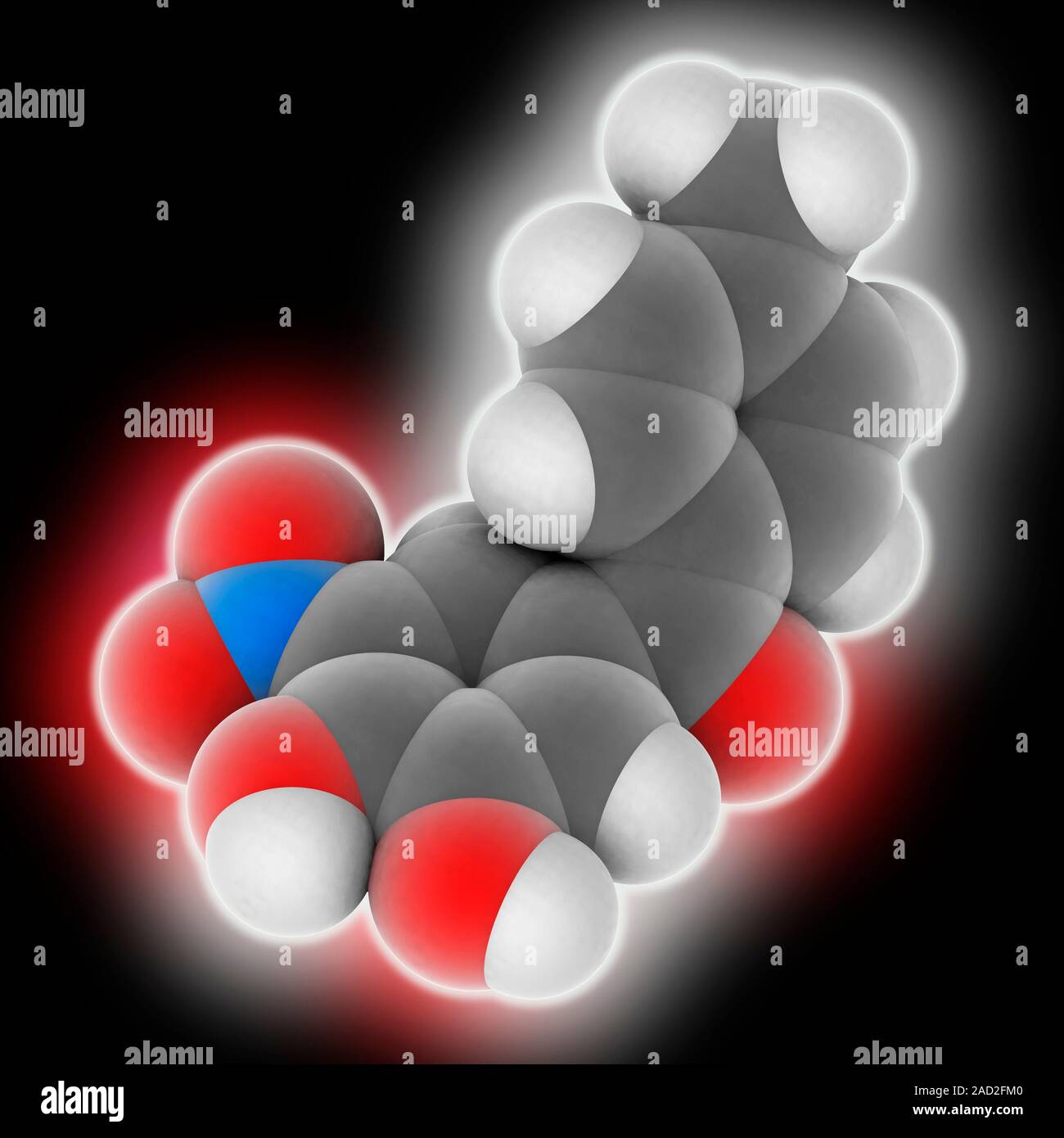 Tolcapone. Molecular model of the drug tolcapone (C14.H11.N.O5), used ...