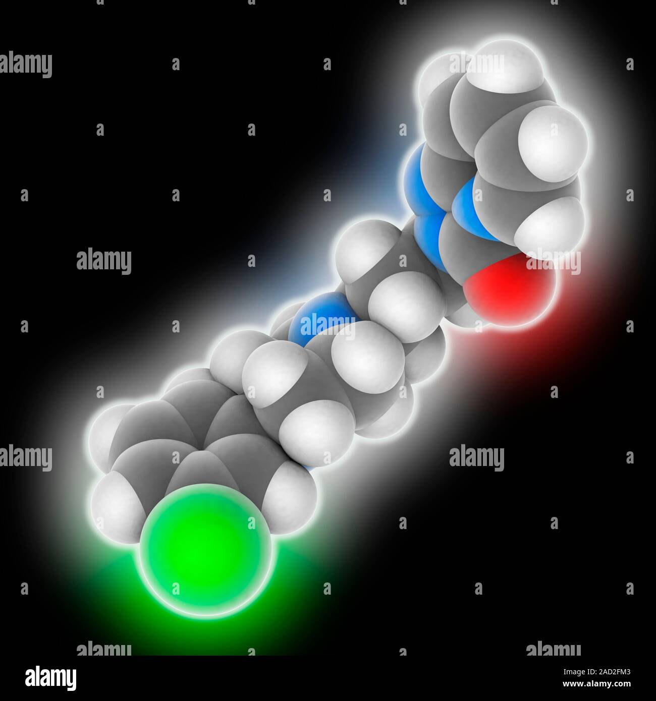 Trazodone. Molecular model of the drug trazodone (C19.H22.Cl.N5.O), an ...