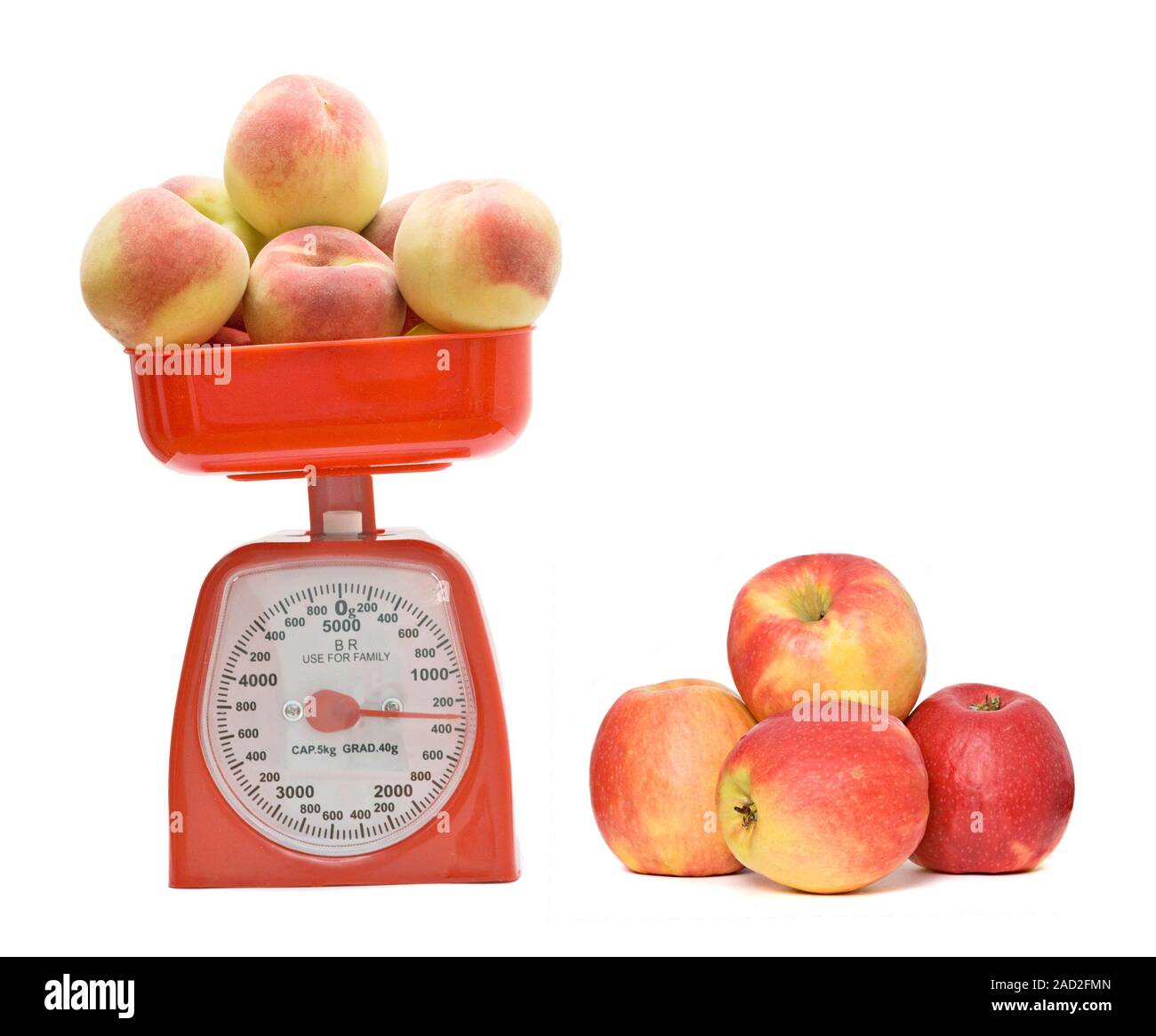 Red kitchen scale weighting peaches and pile of apples Stock Photo - Alamy