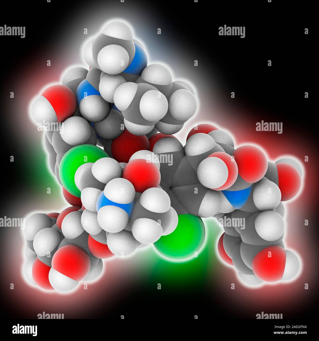 Vancomycin. Molecular model of the drug vancomycin (C66.H75.Cl2.N9.O24 ...