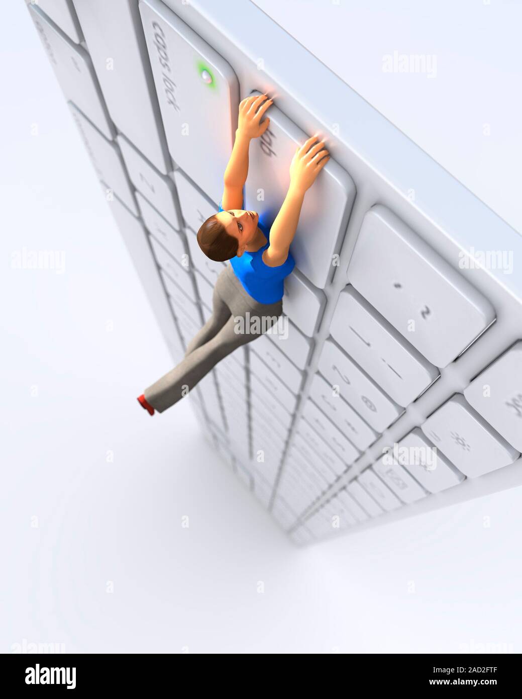 Computer stress. Conceptual image of a woman clinging on to a computer ...