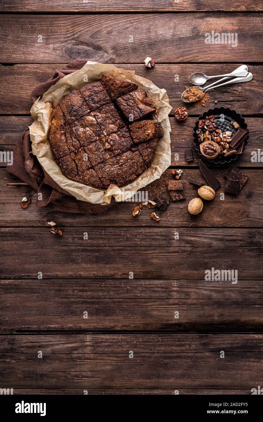homemade chocolate brownie on dark wooden background, top view Stock ...