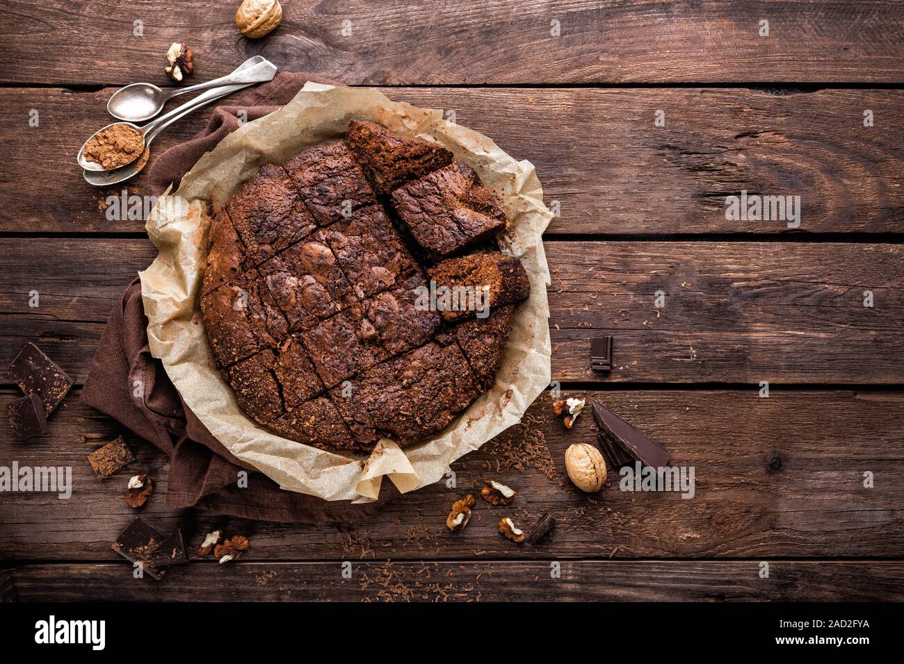 homemade chocolate brownie on dark wooden background, top view Stock ...