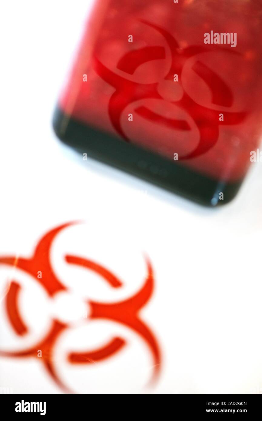 Biohazard symbol and sample analysis container. The international ...