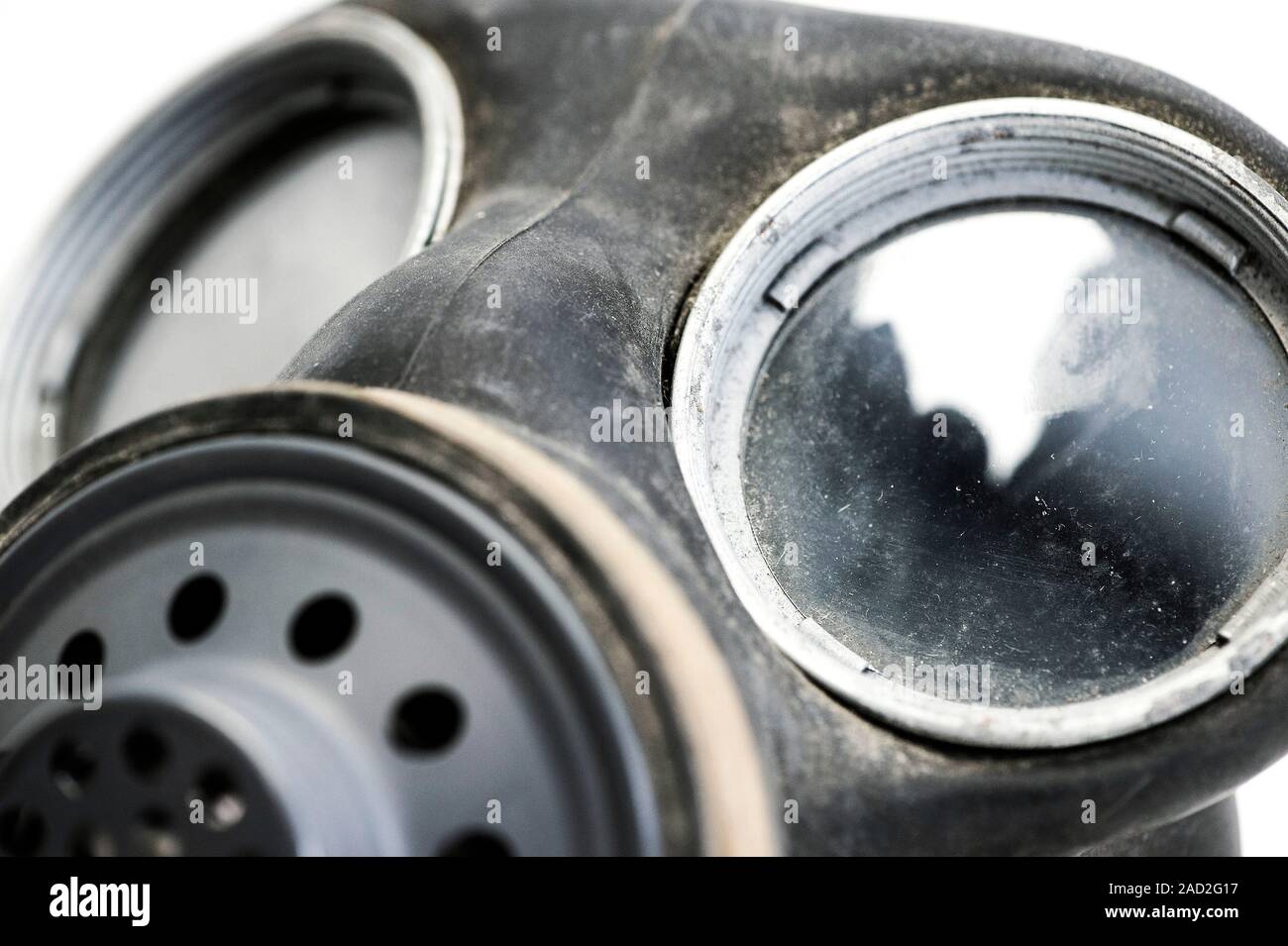Gas mask. Close-up of a gas mask, with a filter area (lower centre ...