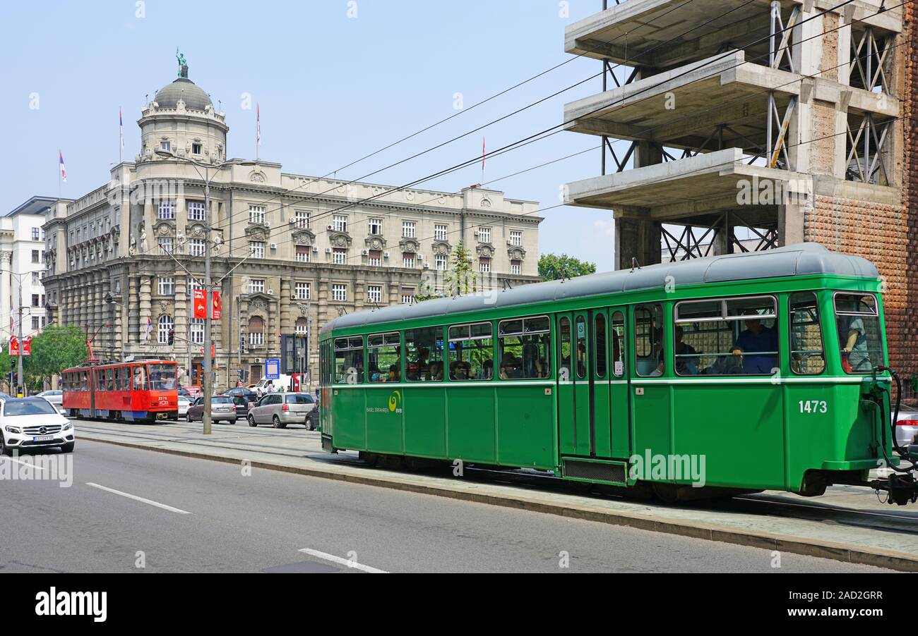 BELGRADE, SERBIA -18 JUN 2019- View of a street tram in Belgrade ...