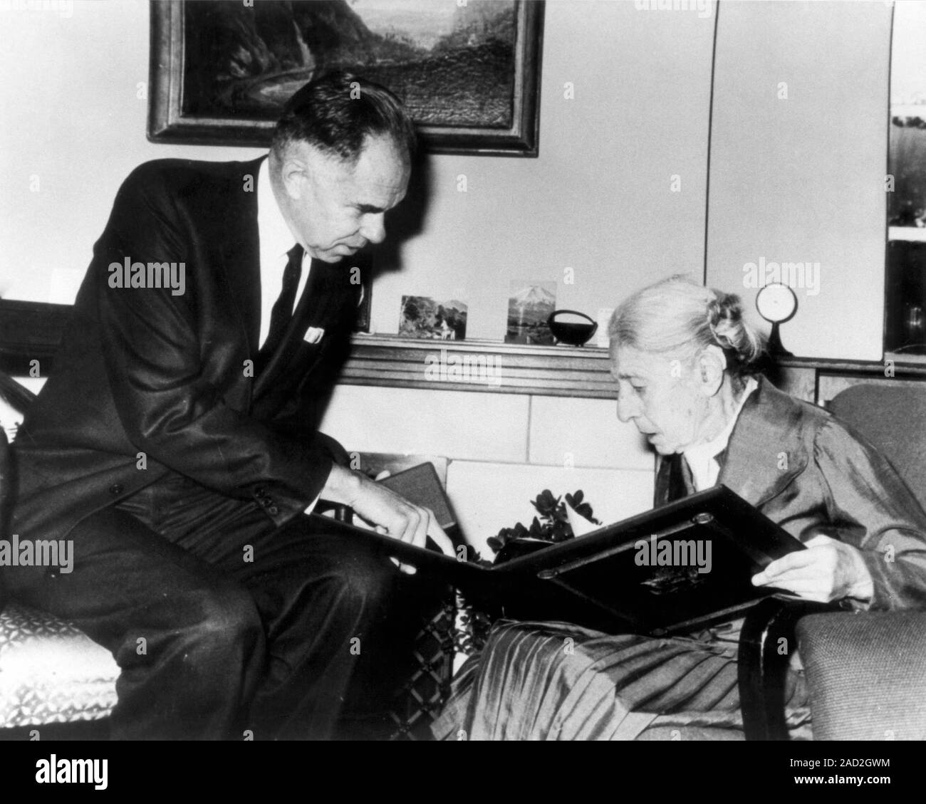 German chemist Lise Meitner (1878-1968) being awarded the Fermi Award ...