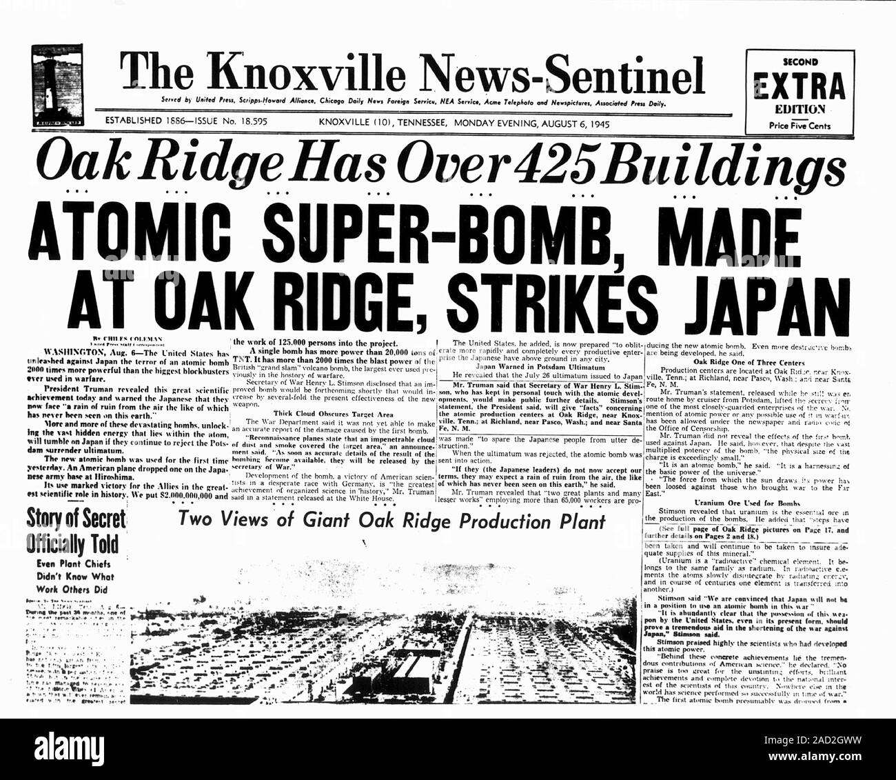 Atomic bomb newspaper front page. Front page of The Knoxville News ...