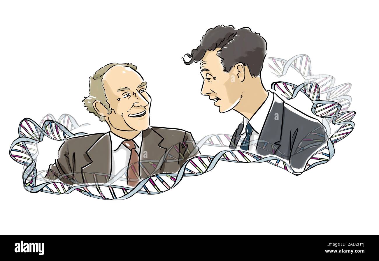 Watson and Crick. Illustration of the molecular biologists and ...
