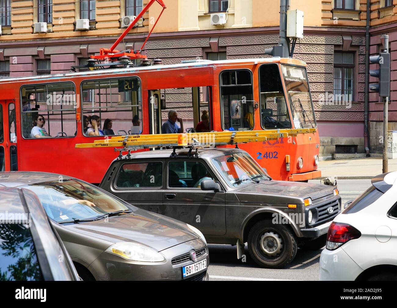BELGRADE, SERBIA -18 JUN 2019- View of a street tram in Belgrade ...