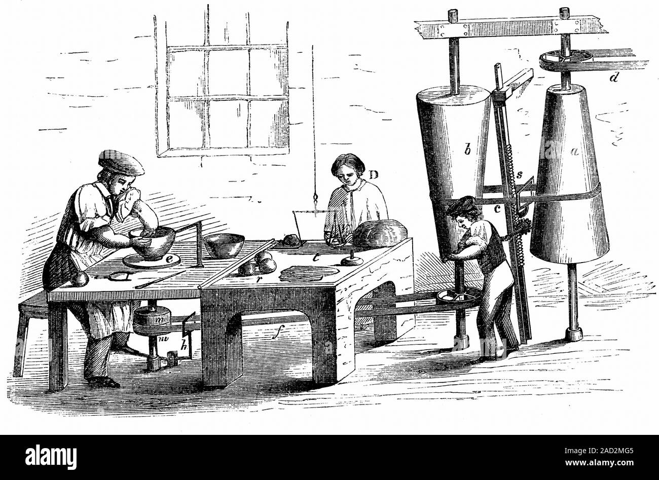 Throwing an earthenware vessel. Belt-driven wheel of type used at ... Throwing an earthenware vessel. Belt-driven wheel of type used at ...