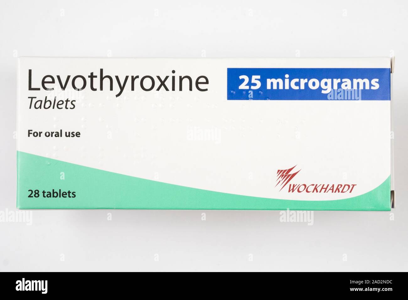 Levothyroxine thyroid hormone drug. Box containing tablets of the drug ...