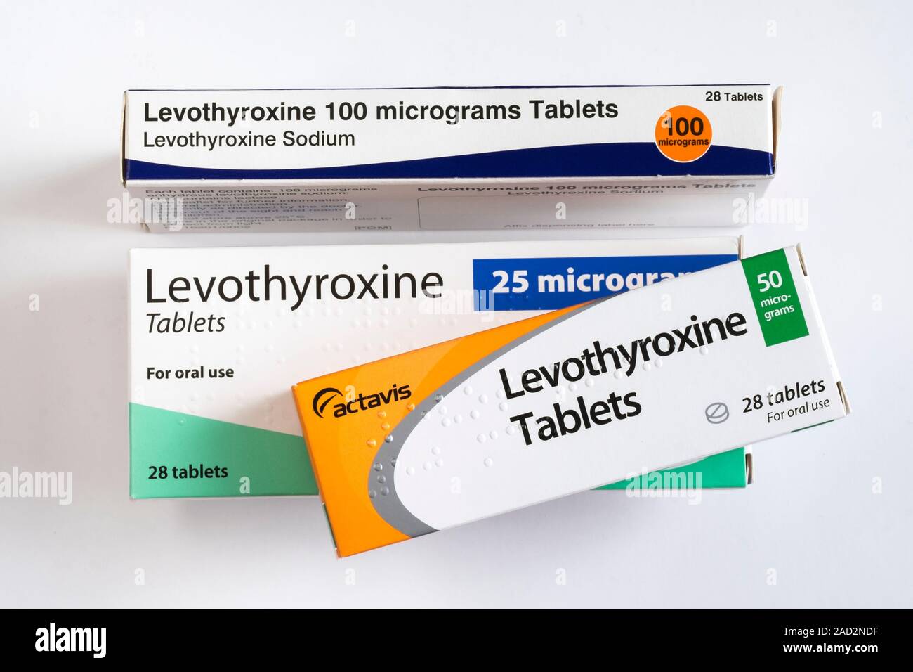 Levothyroxine thyroid hormone drug. Boxes containing tablets of the ...