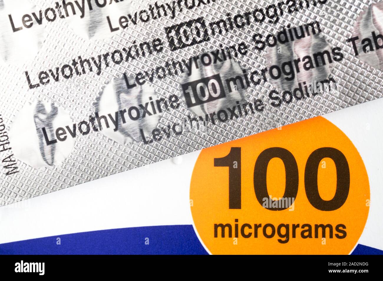 Levothyroxine thyroid hormone drug. Close-up of a box and blisterpack ...