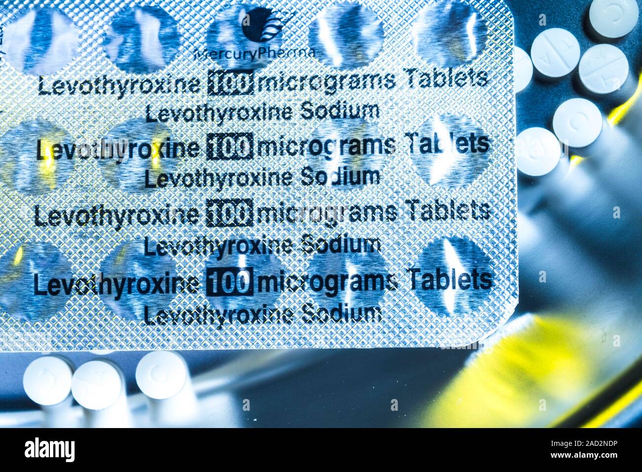 Levothyroxine thyroid hormone drug. Close-up of tablets and a ...