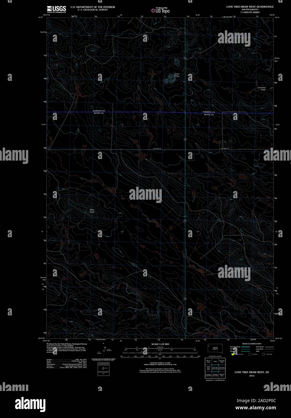 USGS TOPO Map South Dakota SD Lone Tree Draw West 20120621 TM Inverted ...