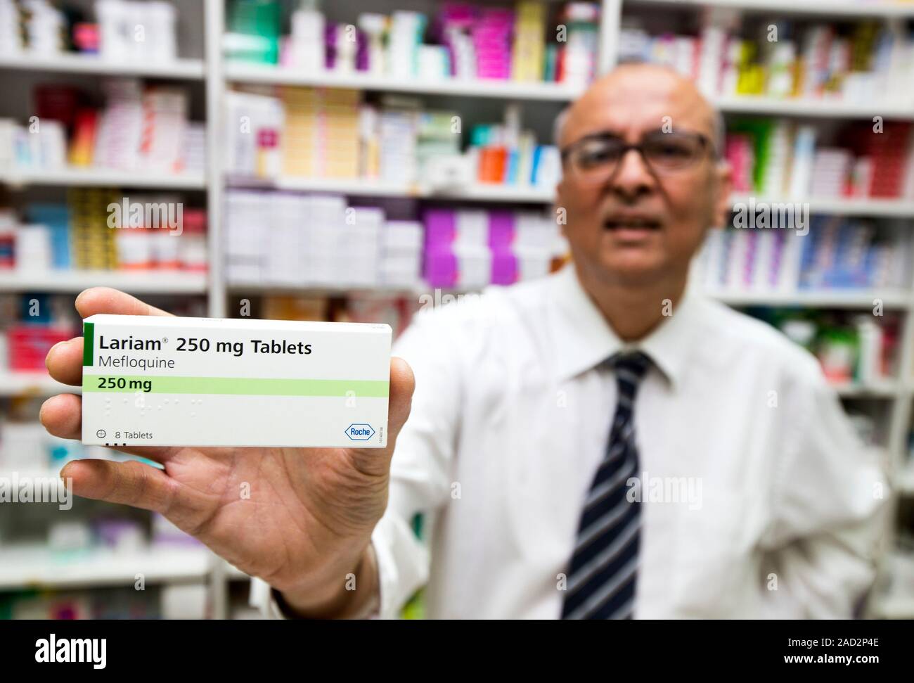 Box of Lariam antimalarial tablets. Each tablet contains 250 milligrams ...