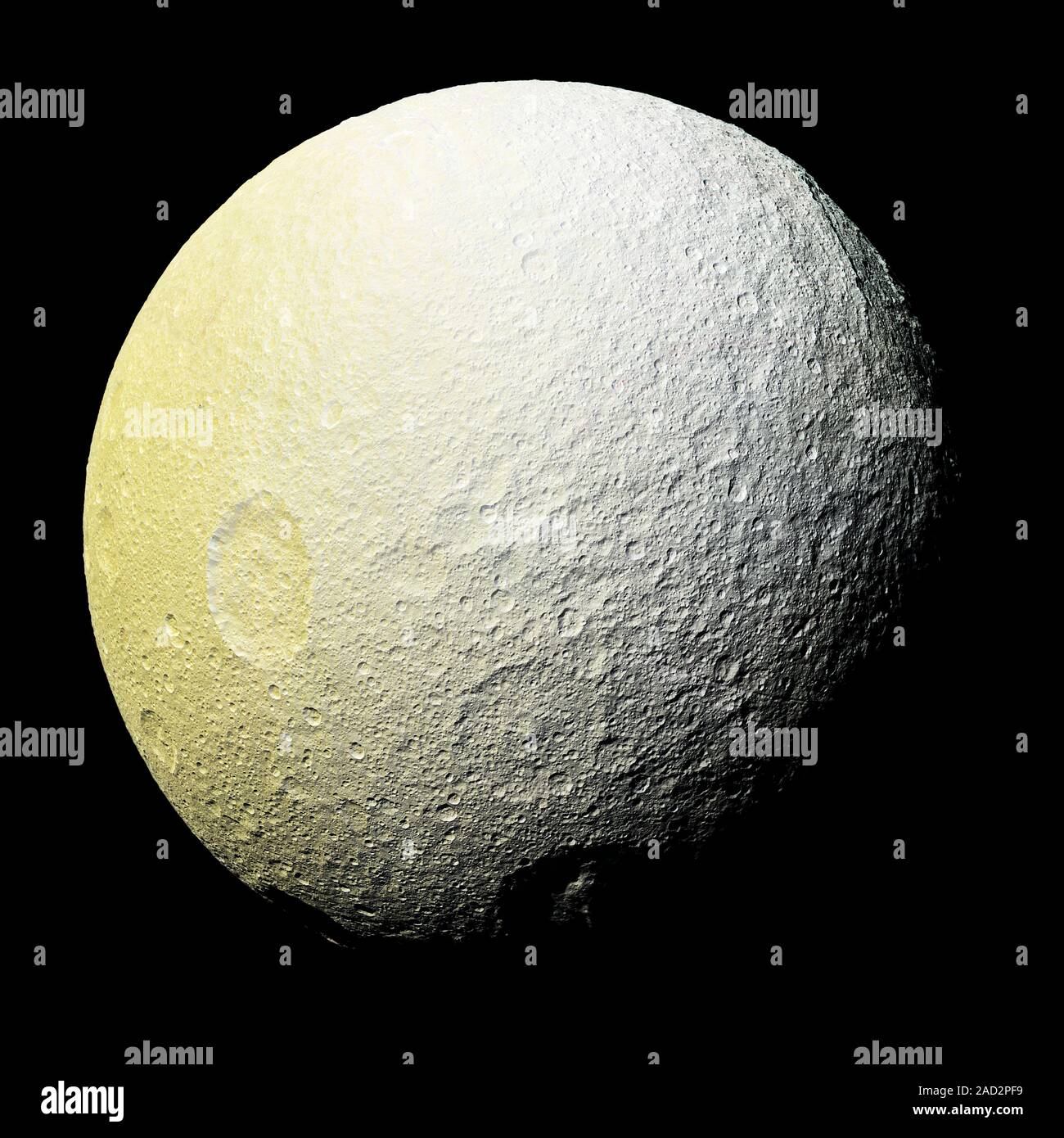 Saturn's moon Tethys. Enhanced colour mosaic satellite image showing ...