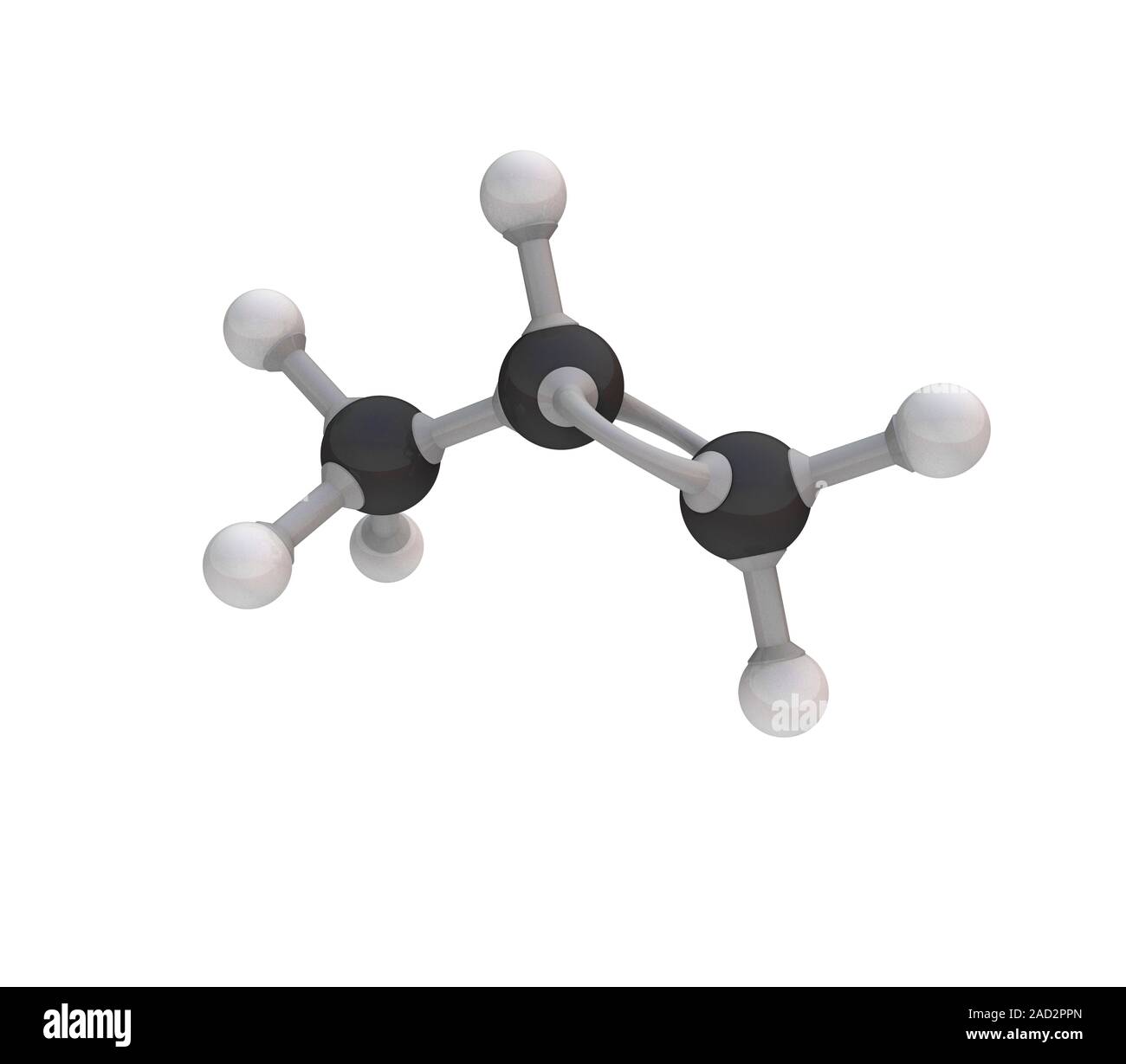 Propene molecule. Computer model showing the structure of a molecule of ...