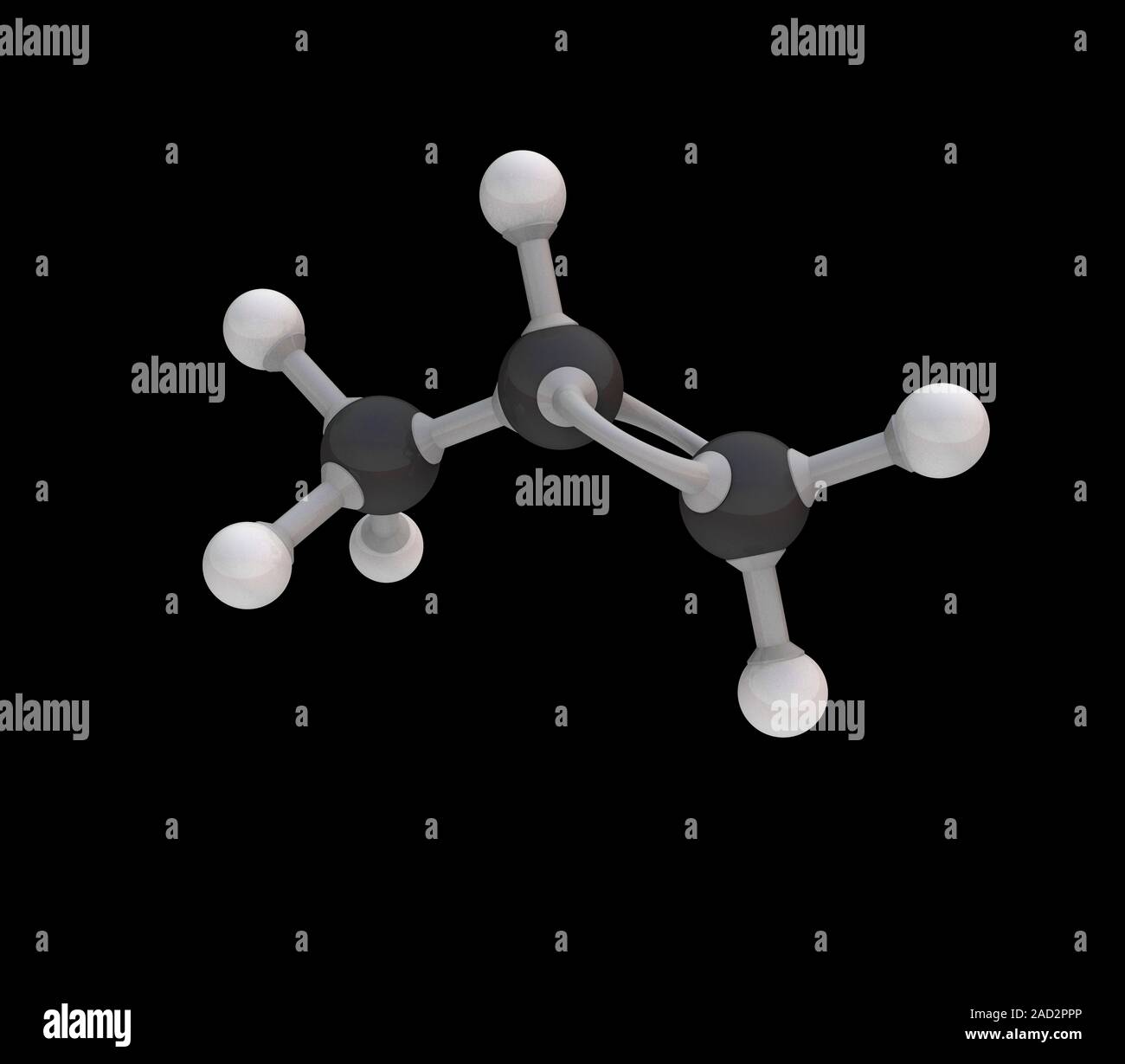 Propene molecule. Computer model showing the structure of a molecule of ...