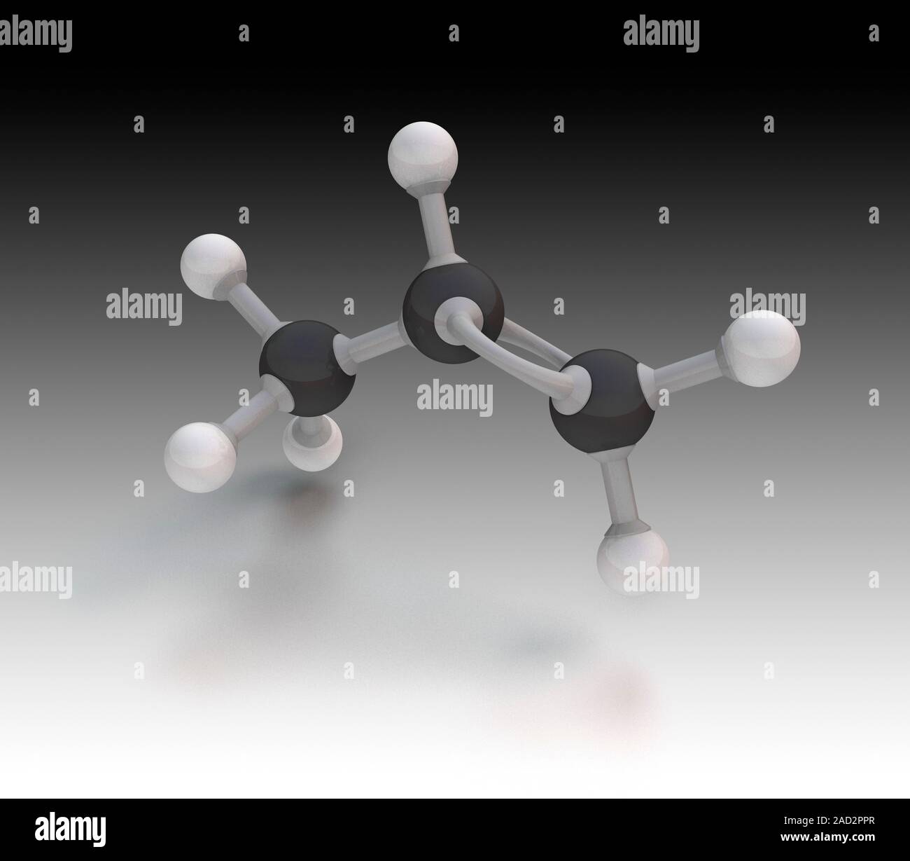 Propene molecule. Computer model showing the structure of a molecule of ...