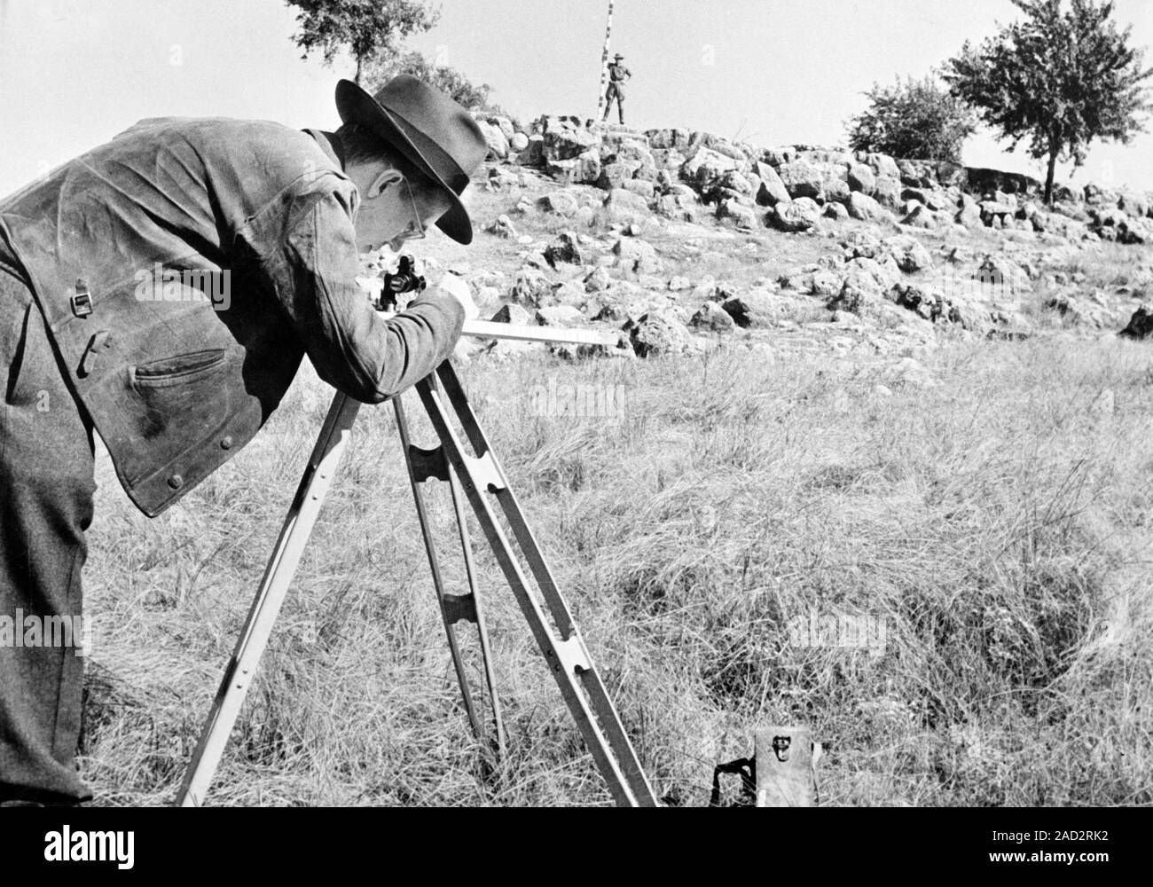 Oil industry surveying, 1940s. US oil industry geologist carrying out a ...