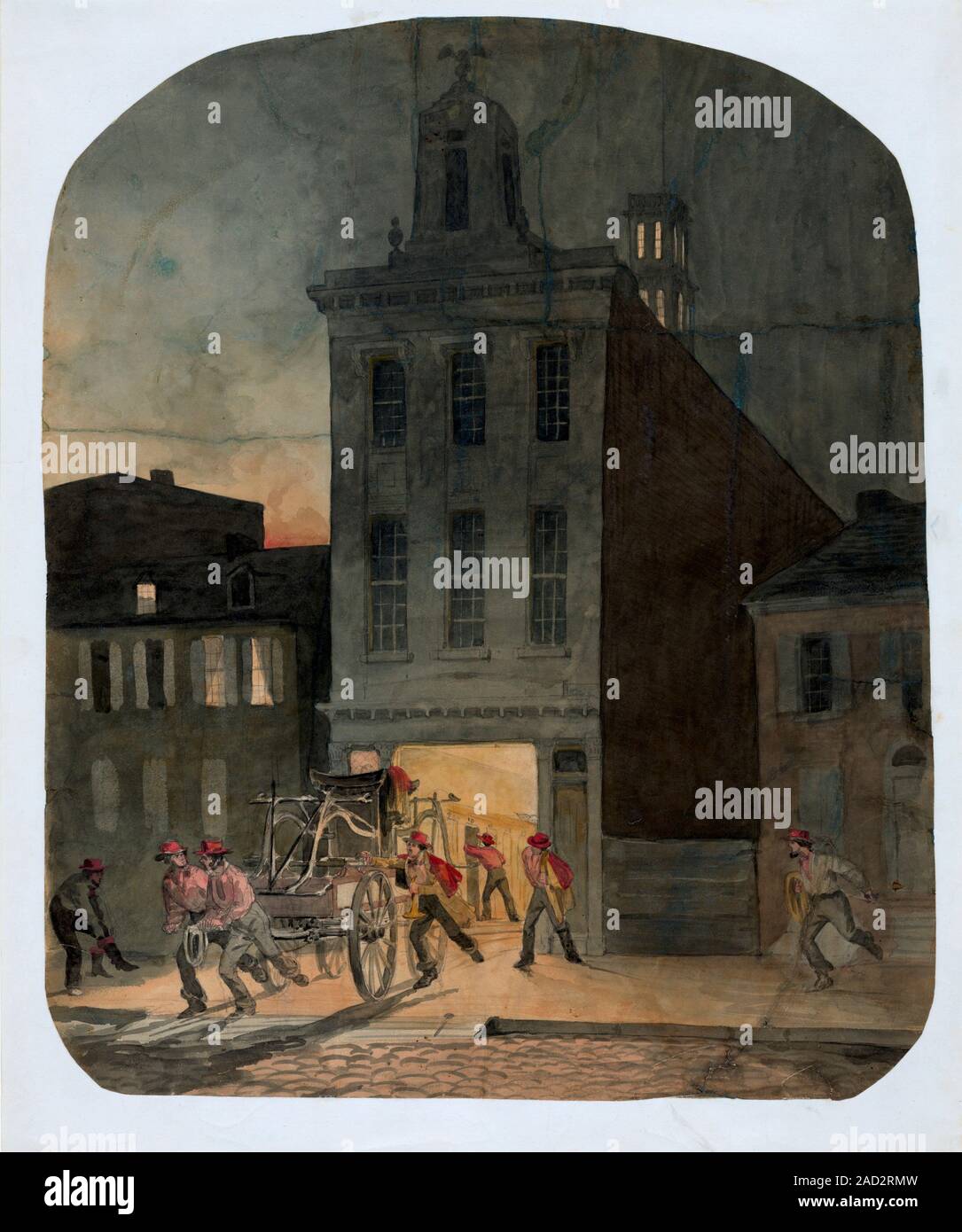 Philadelphia firehouse. 19th-century illustration of firemen pulling a ...