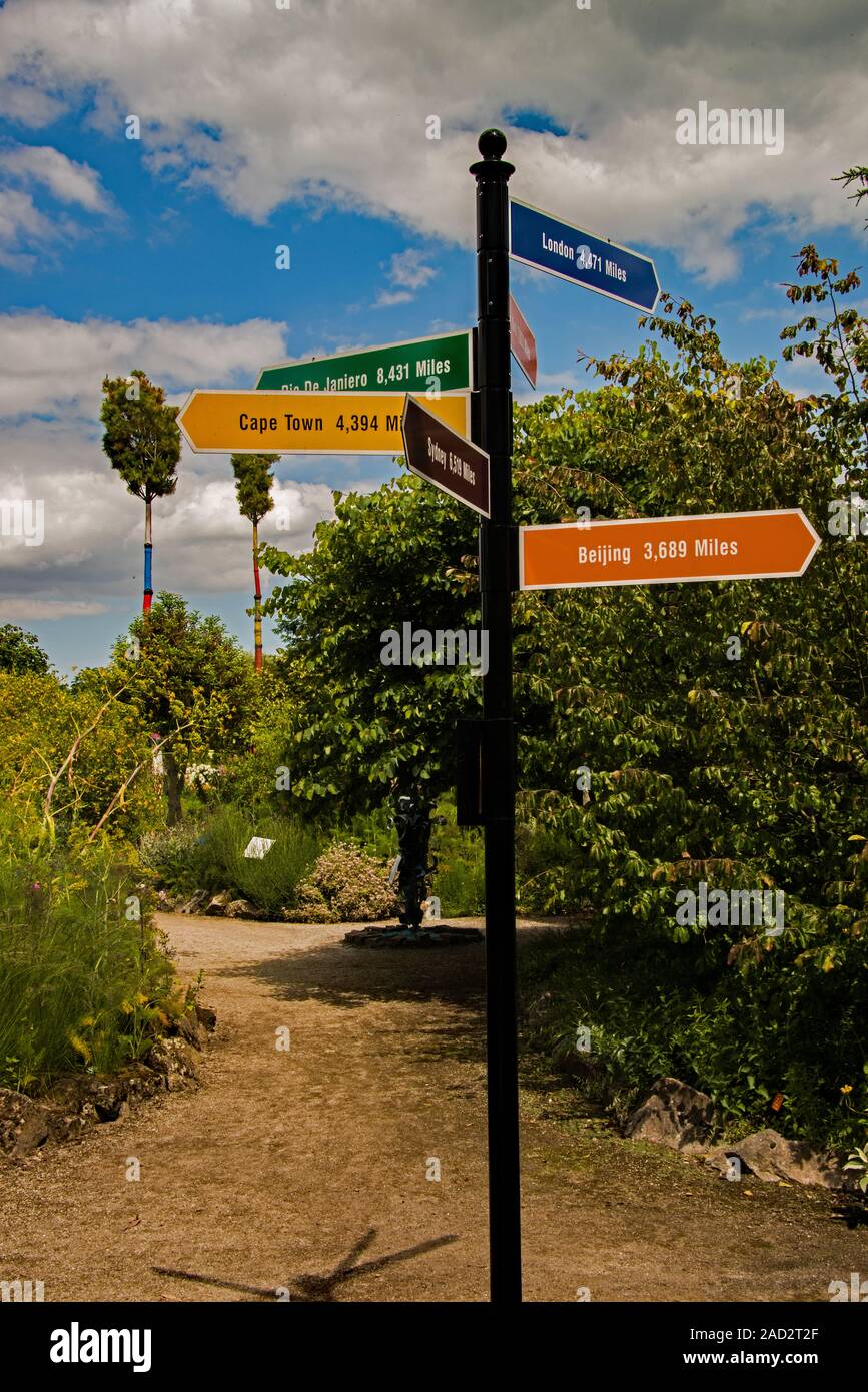 Country signpost in 'The World Garden' at Lullingstone castle.Kent. UK ...