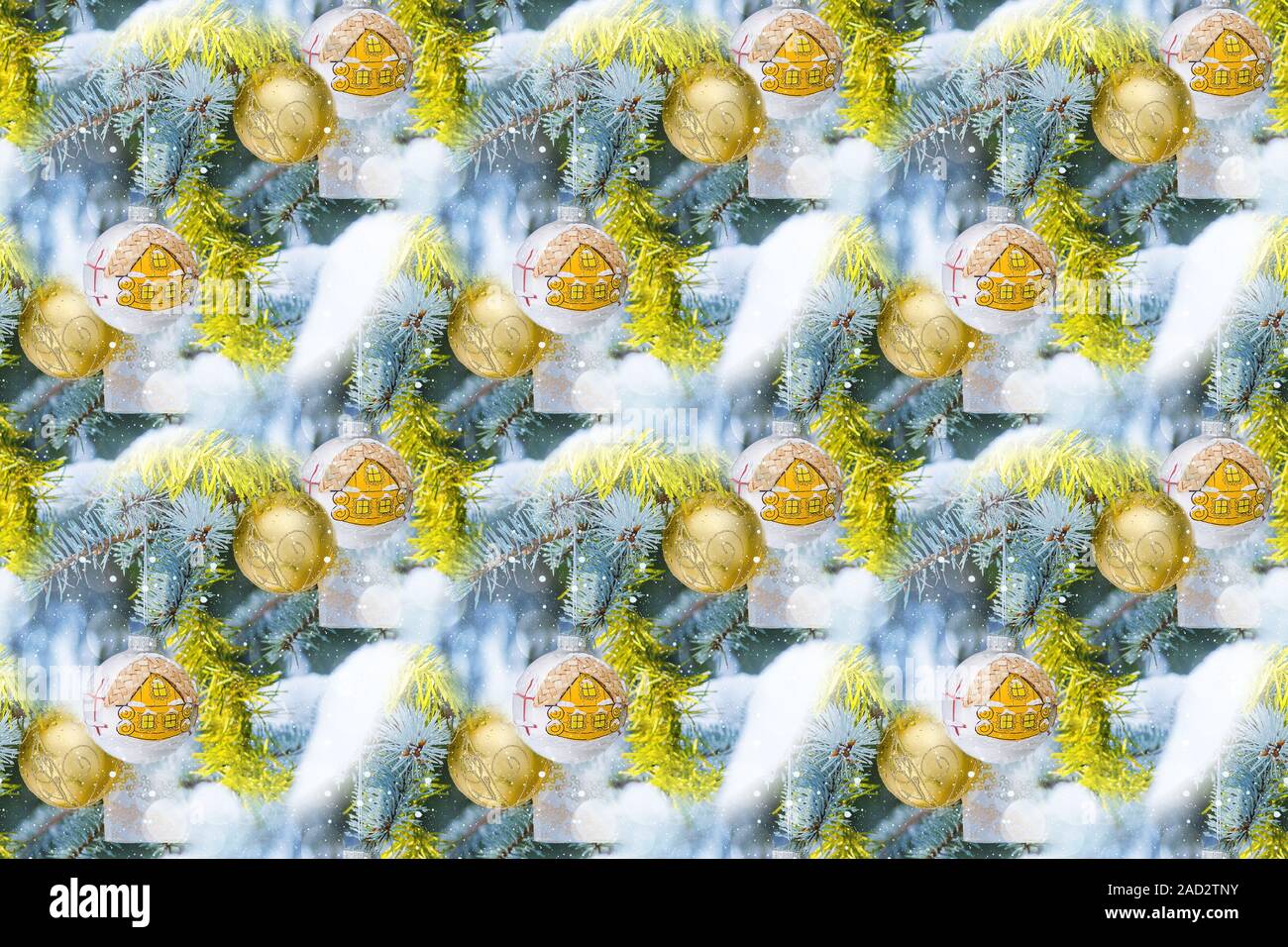 Festive New year background with decorated branches of blue spruce ...