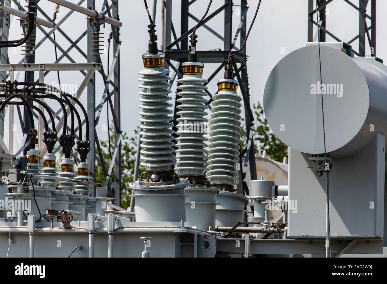 Three phase distribution transformer in an electrical substation ...