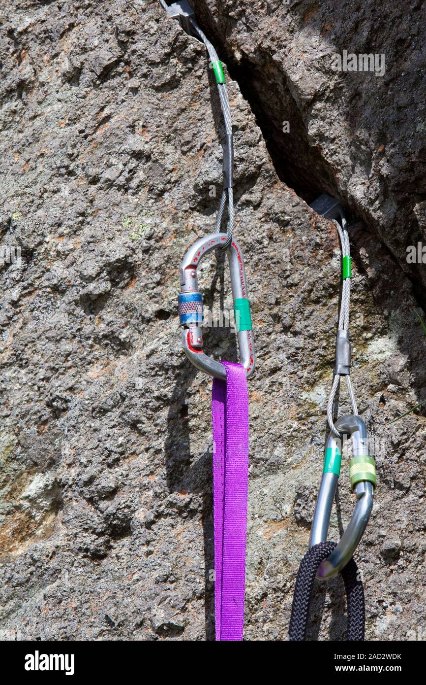 Climbing wires placed in rock for protection Stock Photo - Alamy