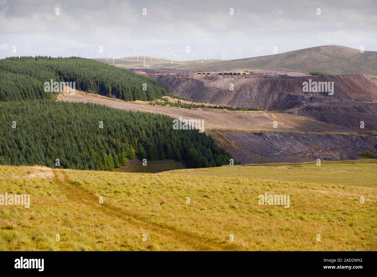 Climate change heaven and hell, The Hagshaw Hill wind farm above the ...
