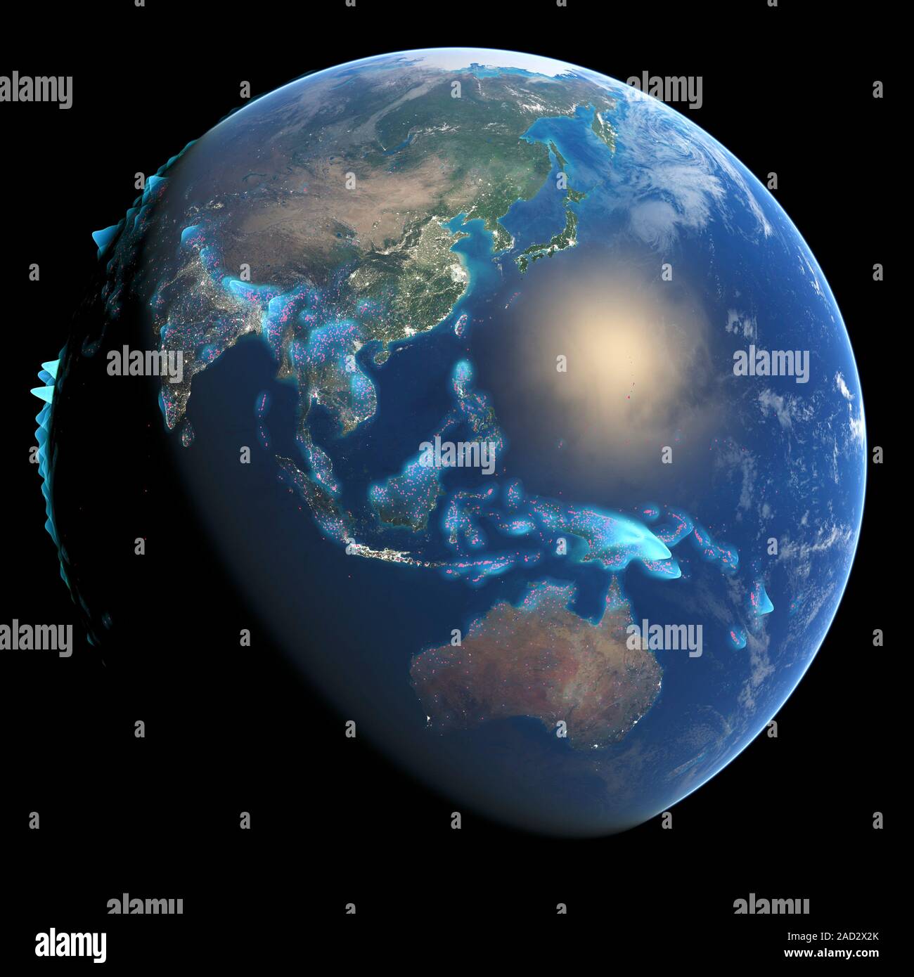 Linguistic diversity. Earth globe and map, centred on the Malay ...