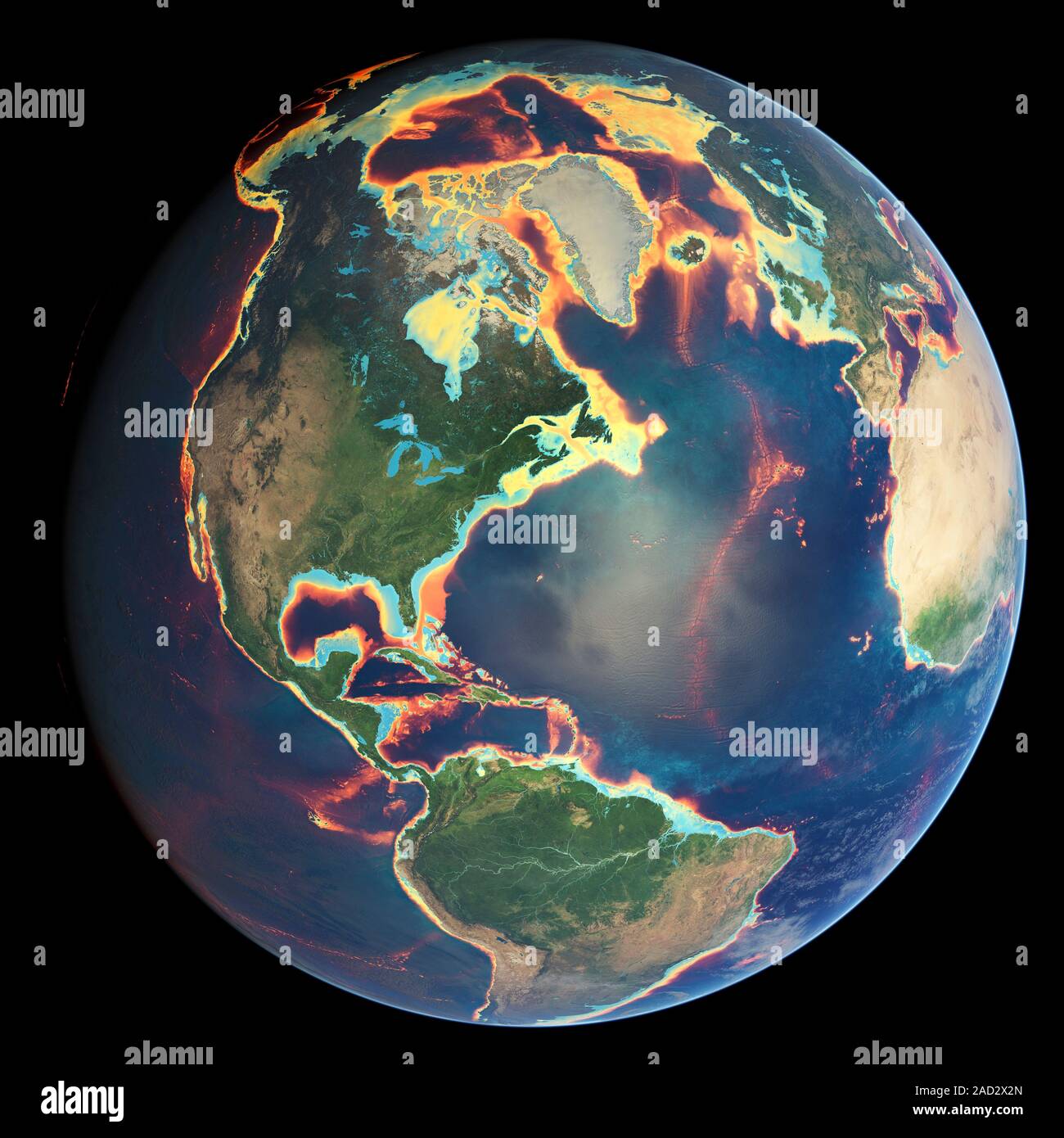 Arctic and North American bathymetry. Earth globe and map, centred on ...