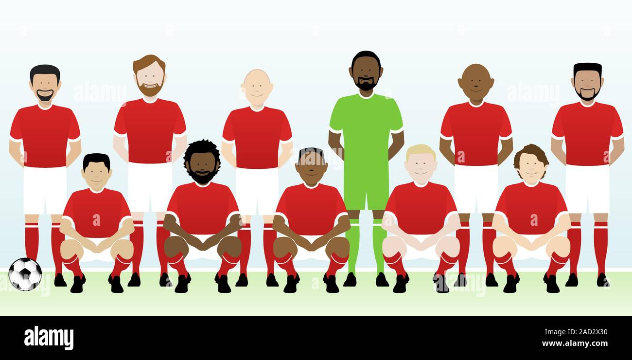 line up of eleven multinational football soccer players in red kit. EPS ...