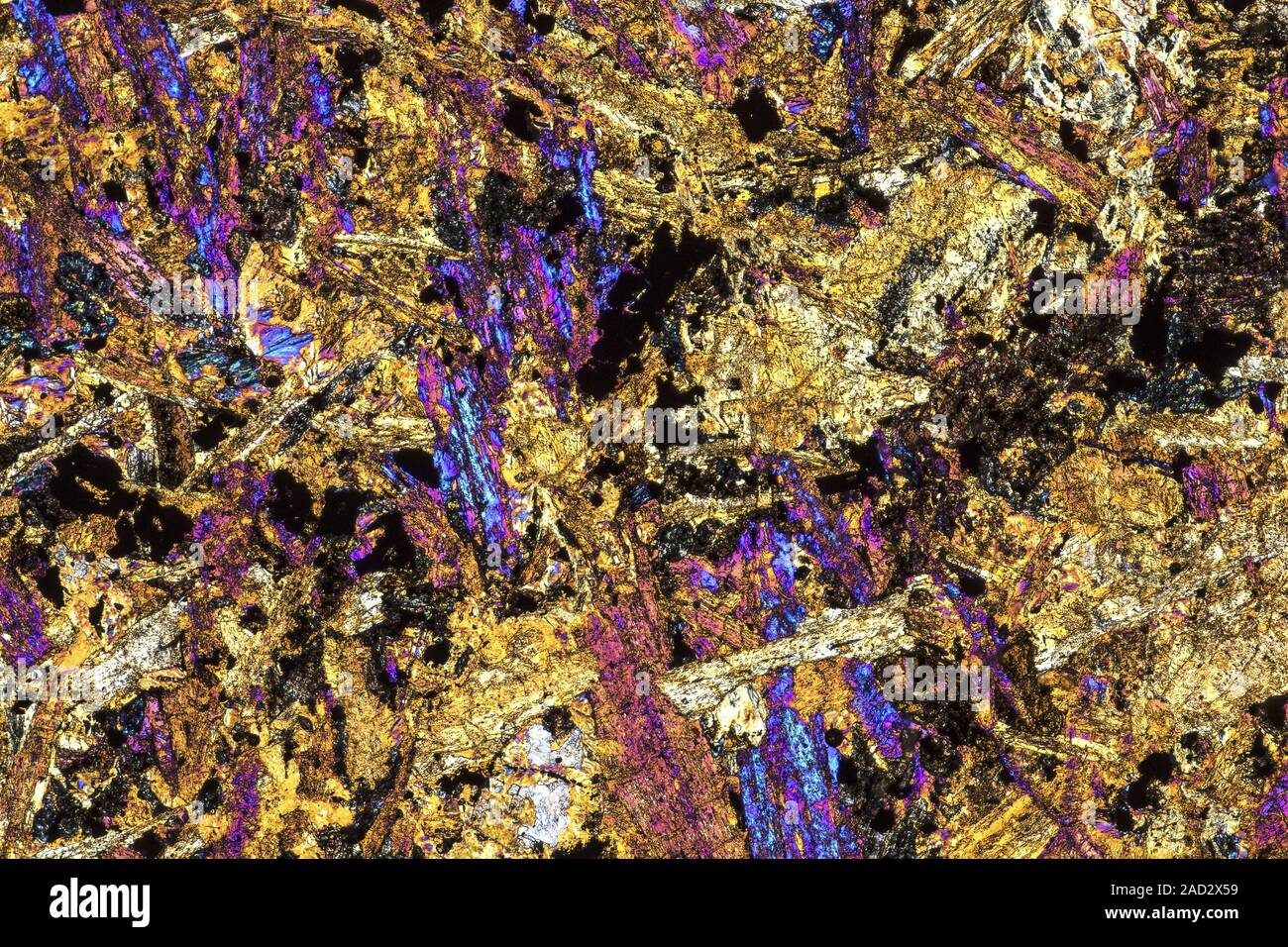 Polarised light micrograph of a thin section of gabbro, an igneous rock ...