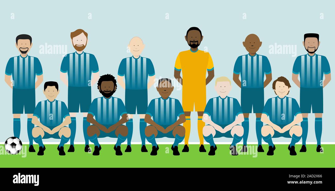 line up of eleven multinational football soccer players in blue kit ...