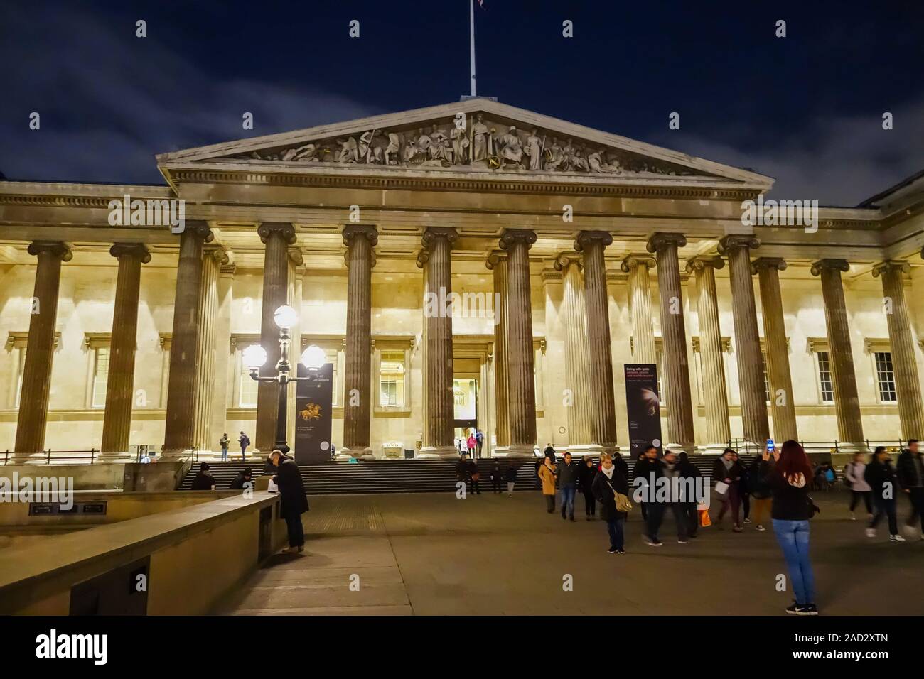 The entrance to the British Museum at night time, Great Russell St ...